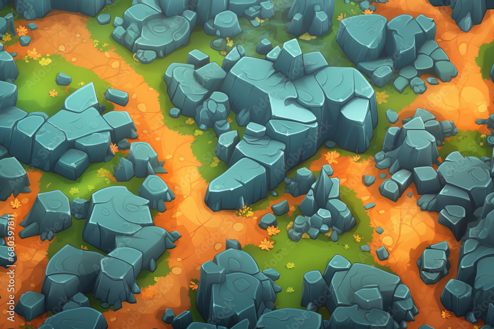 Top-down, illustrated asset of a bright battlefield with trials through rocks, game background ...