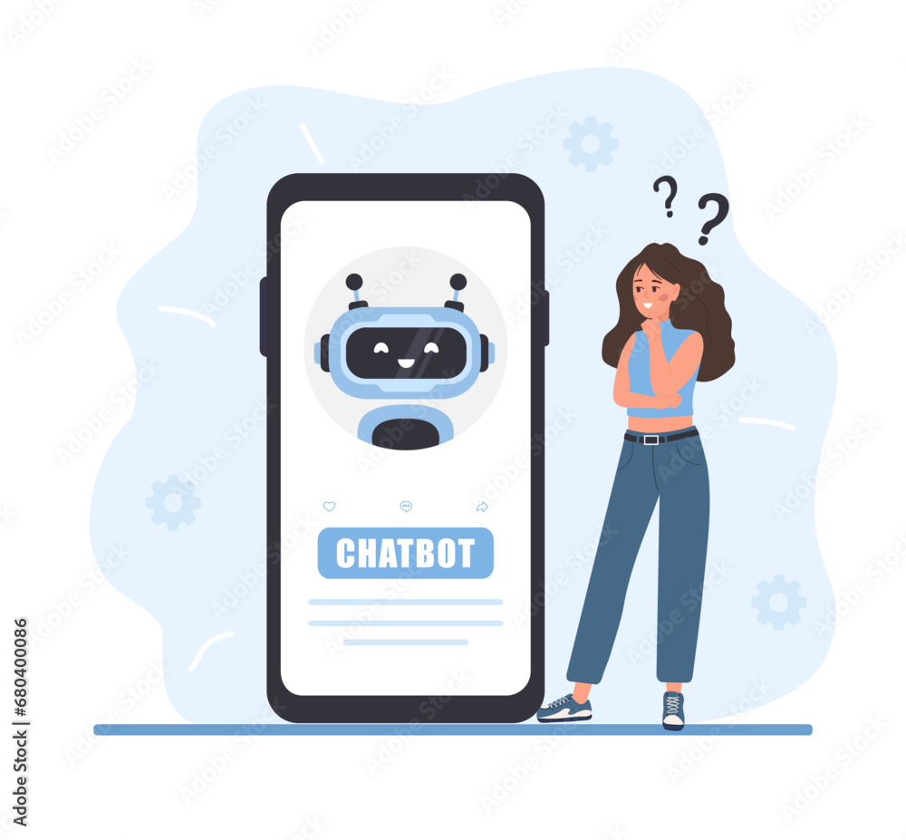 Chatbot concept. Woman talking with robot. AI assistant. Girl asking ...