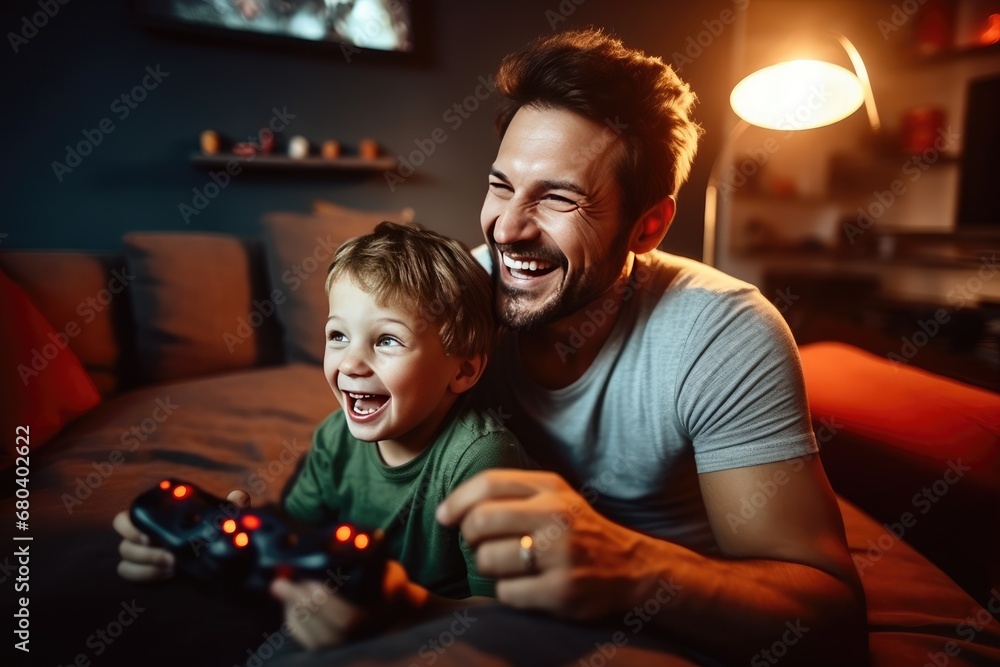 Candid moment of a father and son playing video games, sharing fun ...