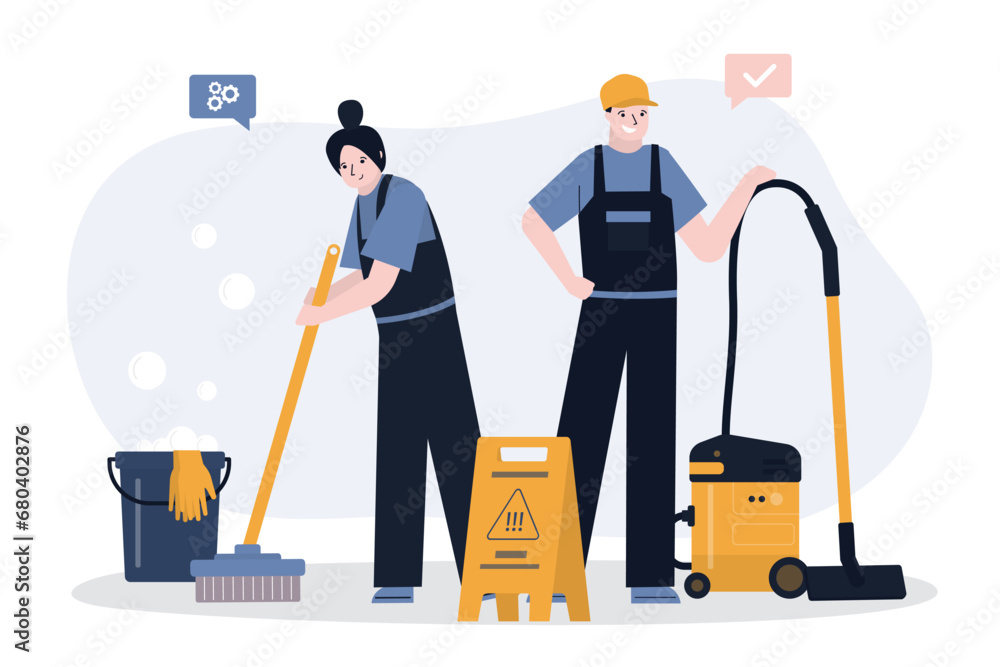 Cheerful cleaning team with mop and vacuum cleaner. Group of janitors ...
