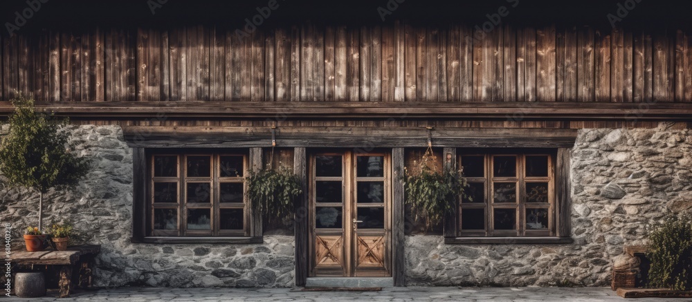 background of the vintage house, the textured wooden walls and stone ...