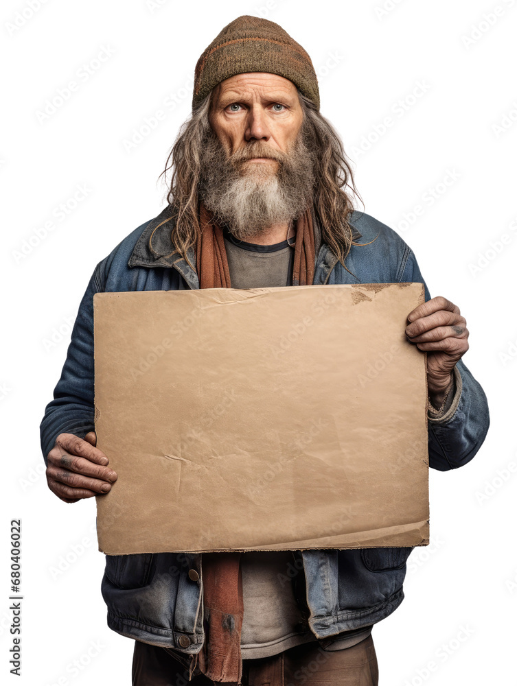Homeless man holding blank paper for contents. The problem of ...