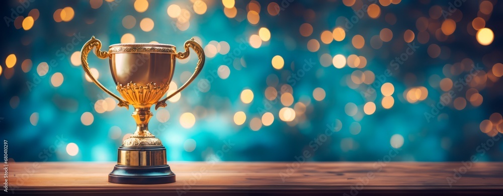 golden trophy cup of champion in sport competition with lights ...
