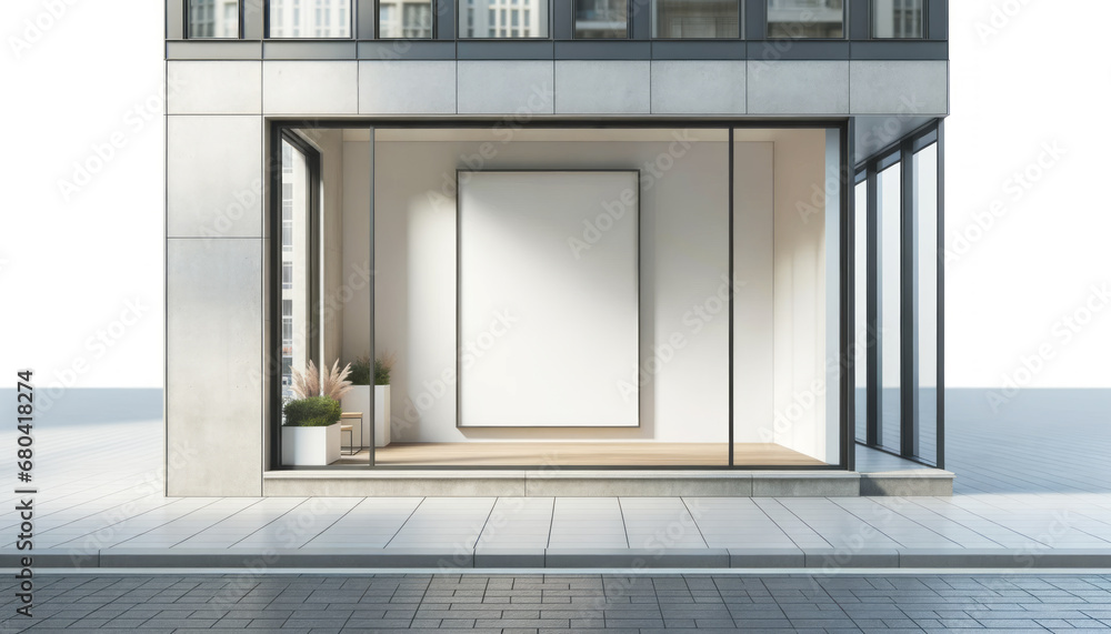 Storefront with mockup display on sunlit city street. Fashion and ...