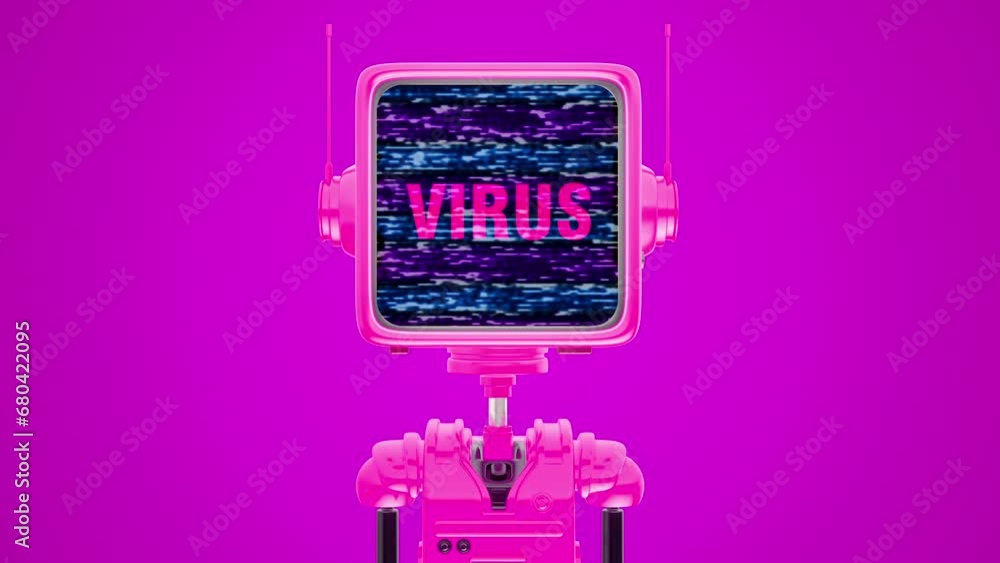 Robot character with inscription virus on monitor screen. Realistic 3d ...