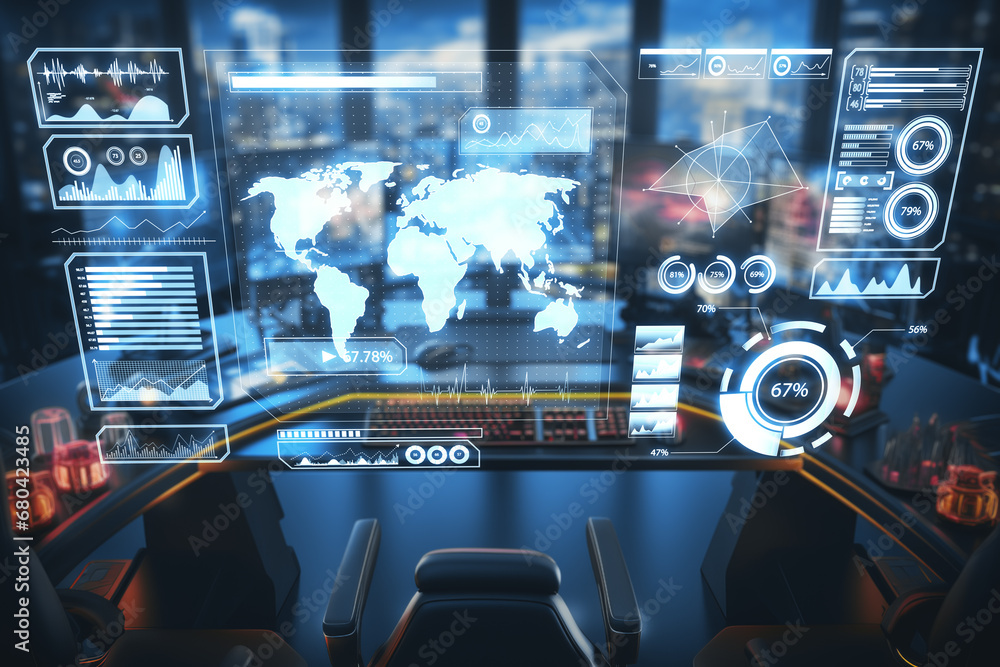Advanced security operations center with holographic world map and data analytics interface ...