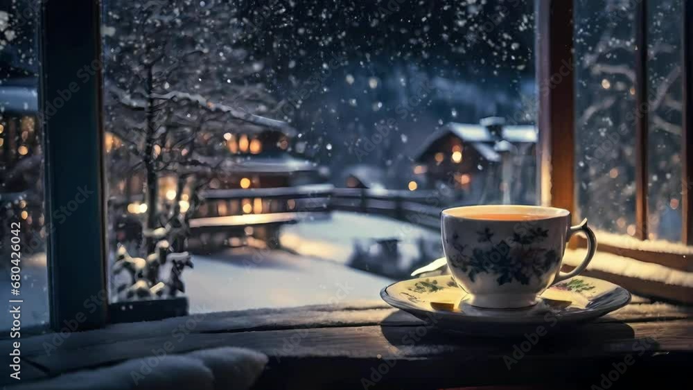 cup of coffee in a cafe with snowy panorama, Seamless Animation Video ...