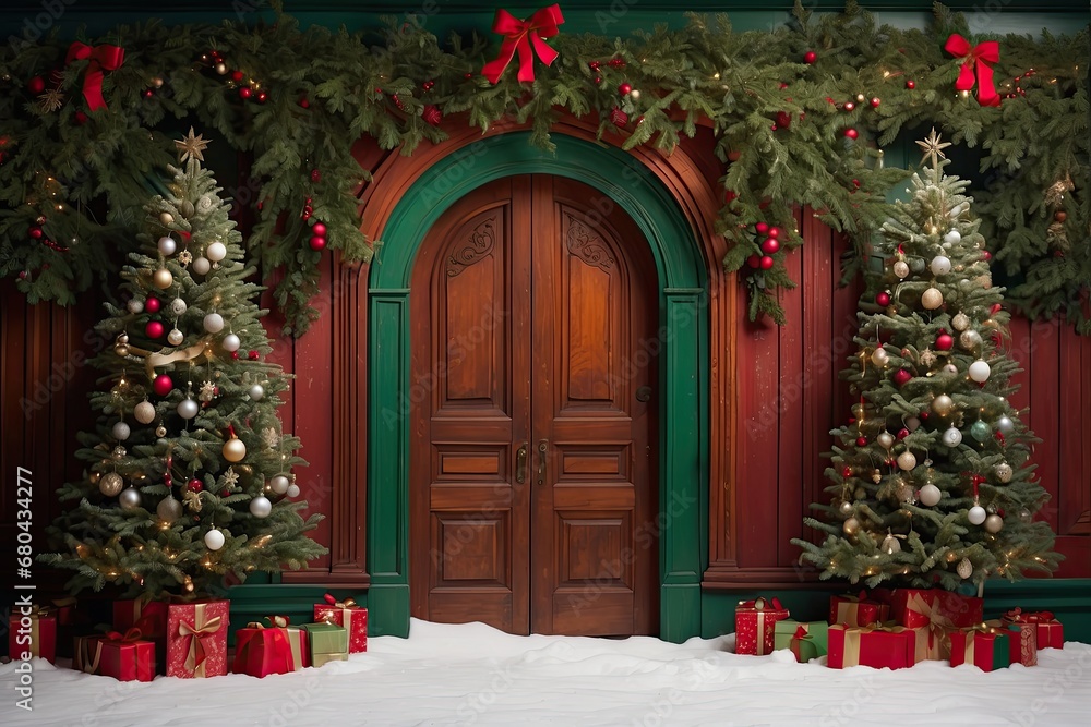 Christmas tree and tree decorations on the snow behind wooden door, in ...