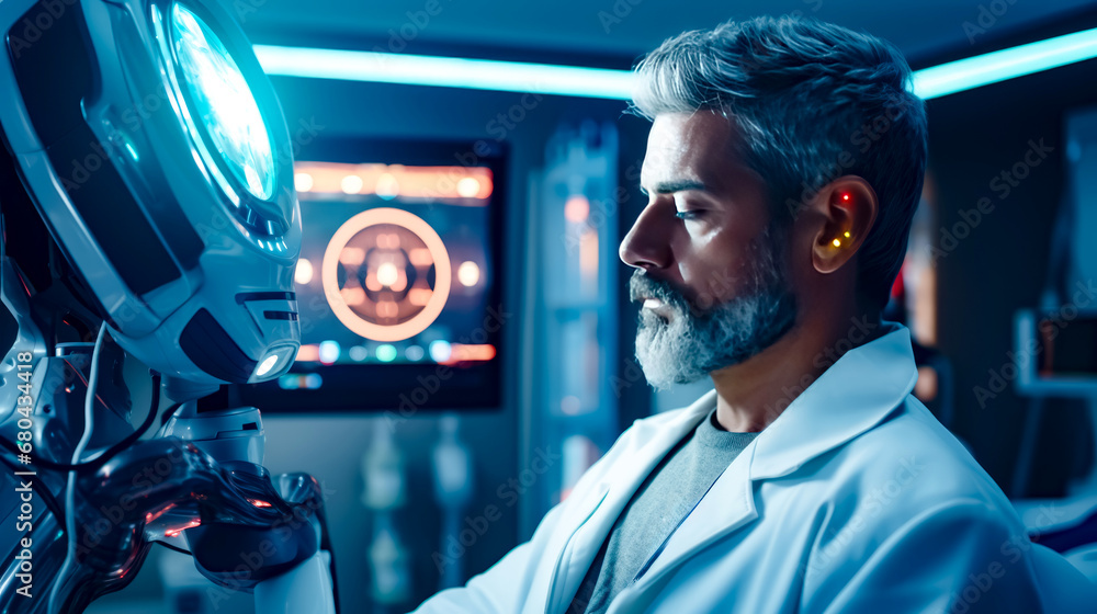 Man in white lab coat looking at machine with red light on it. Stock ...