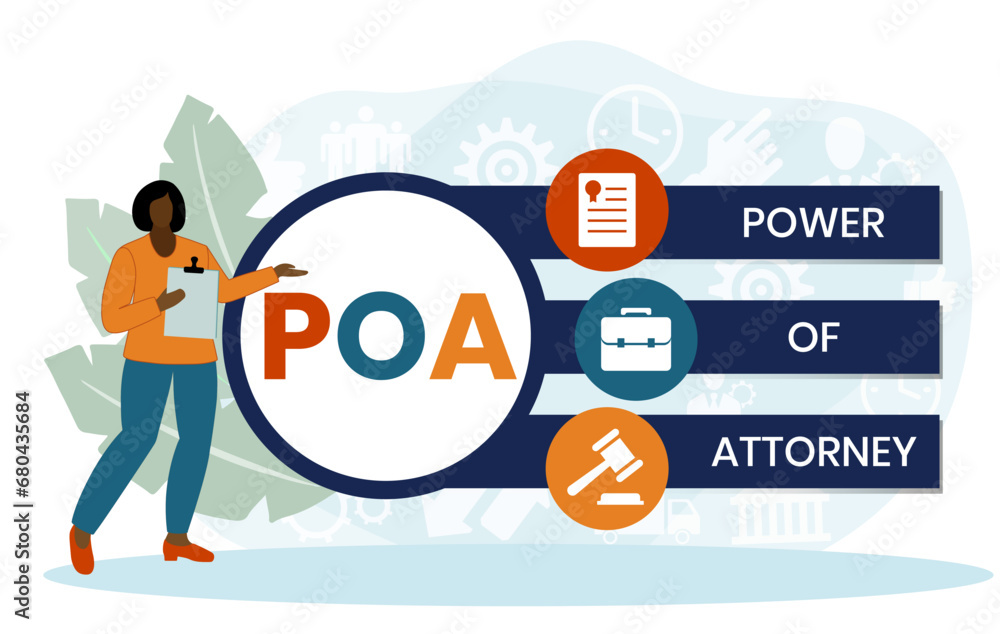 POA, Power of Attorney. Concept with keywords and icons. Flat vector illustration. Isolated on ...