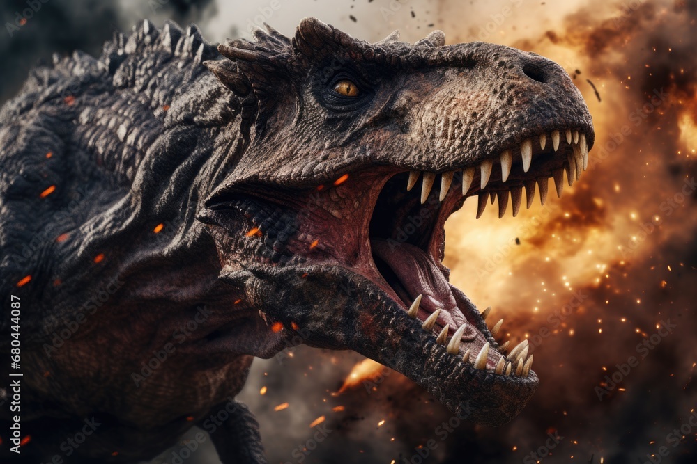 A detailed close-up view of a dinosaur with its mouth wide open. This ...