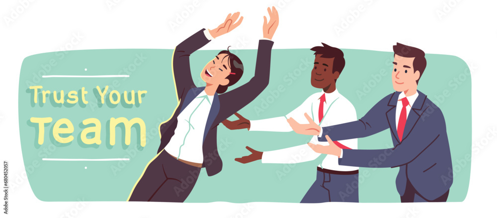 Trusted business men catching falling colleague woman. Supportive team ...