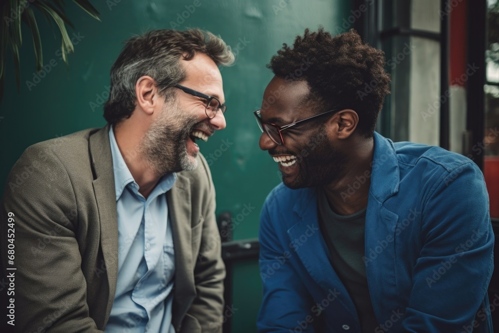 Two men sitting side by side, laughing and enjoying each other's ...