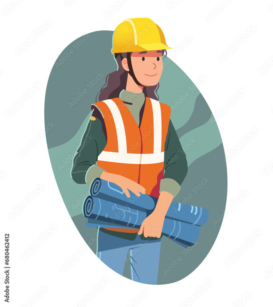 Architect constructor woman holding construction work project blueprint ...
