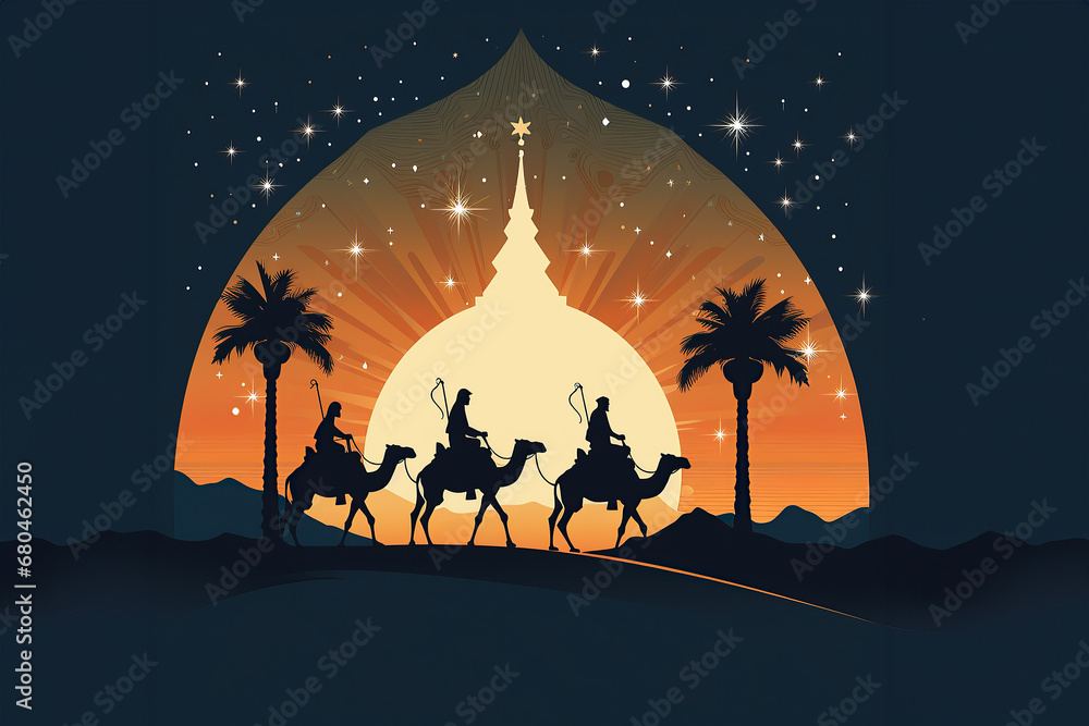 Three Wise Men traveling on camels against a twilight desert backdrop ...