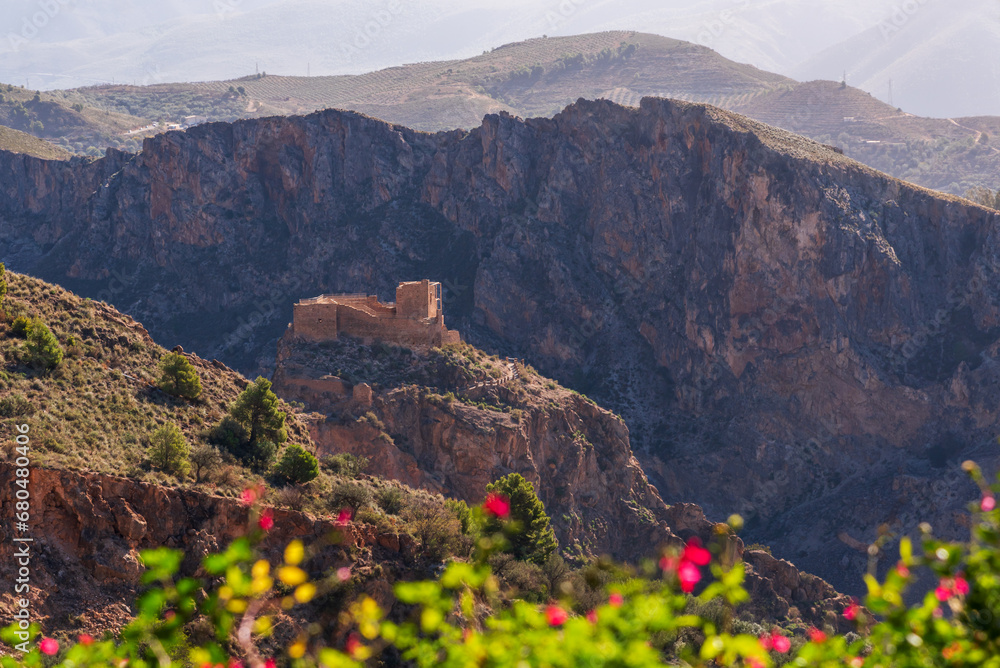 Lanjaron Castle or also known as Castle of the Moors in the town of ...
