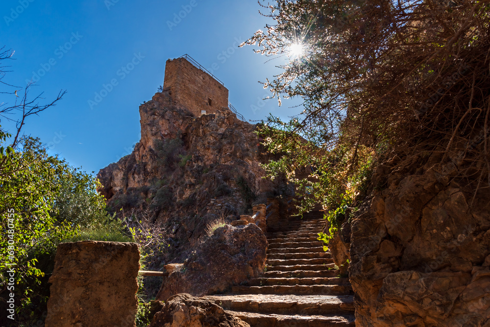 Entrance stairs to the ruins of the Lanjaron Castle, also known as the ...