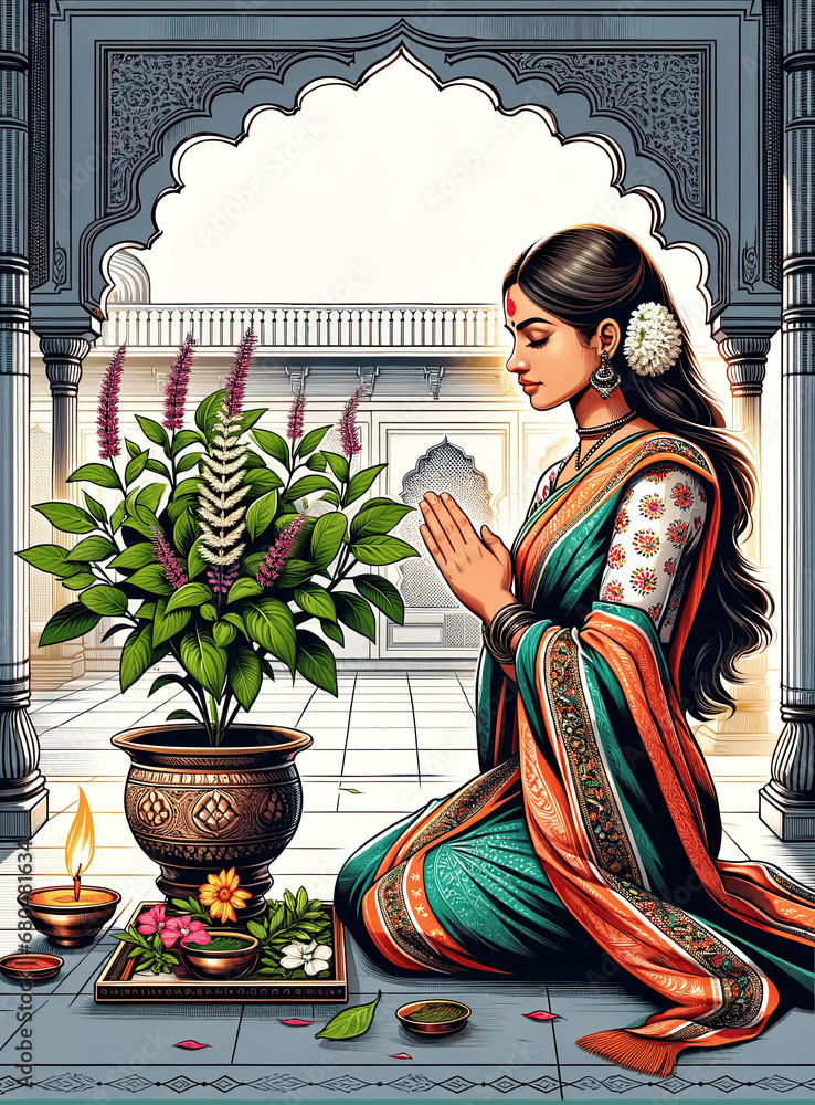 Tulsi Vivah Tulsi Puja Indian Hindu Tradition Kartik Maas Image Stock Illustration | Adobe Stock