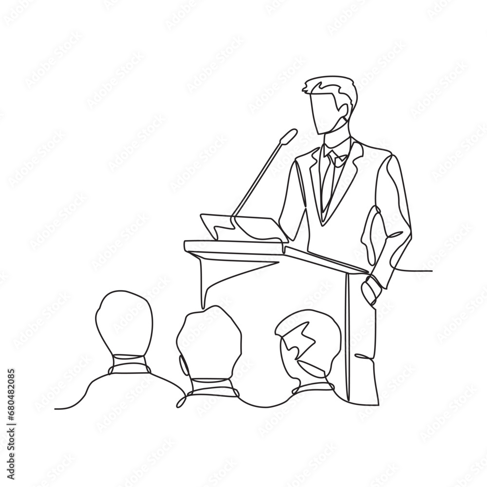 Vetor de One continuous line drawing of a man is giving a speech in ...