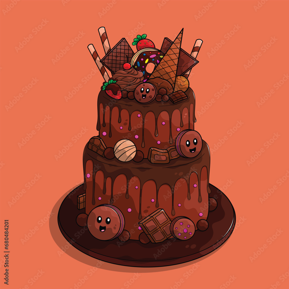Two-tier celebration cake with variant decoration candies like donuts ...