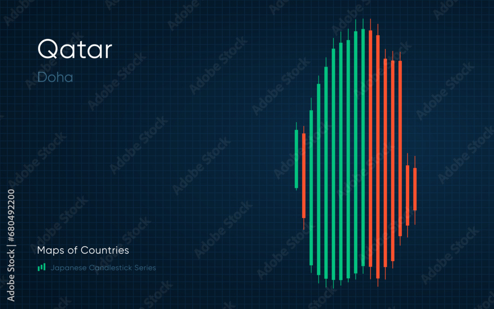 Qatar map is shown in a chart with bars and lines. Japanese candlestick ...