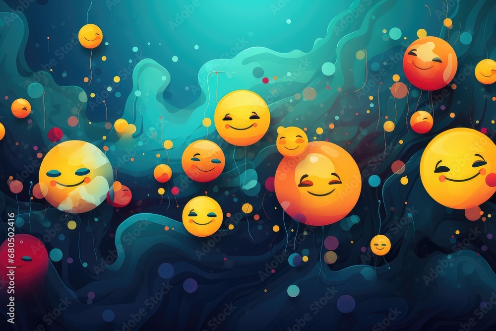 Smiling Emoji background with balloons and confetti. Abstract ...