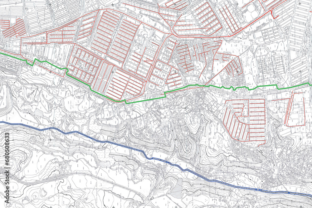 Imaginary cadastral map of territory with buildings, roads and land ...
