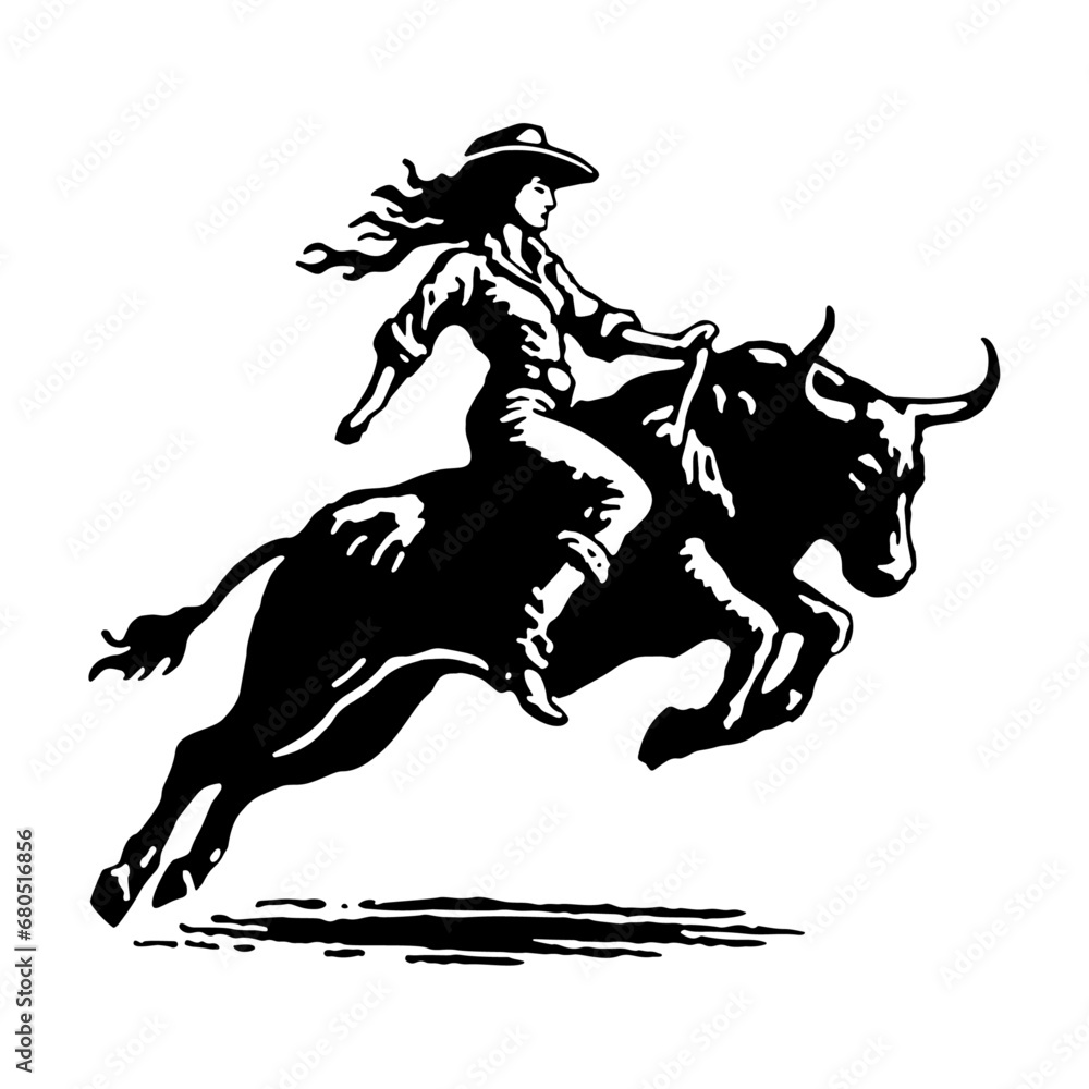 Hand Drawn Illustration of a Woman Bull Rider Stock Vector | Adobe Stock
