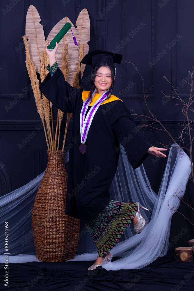 Beautiful Mature Asian Girl Graduating Smiling Happily Hands Raising