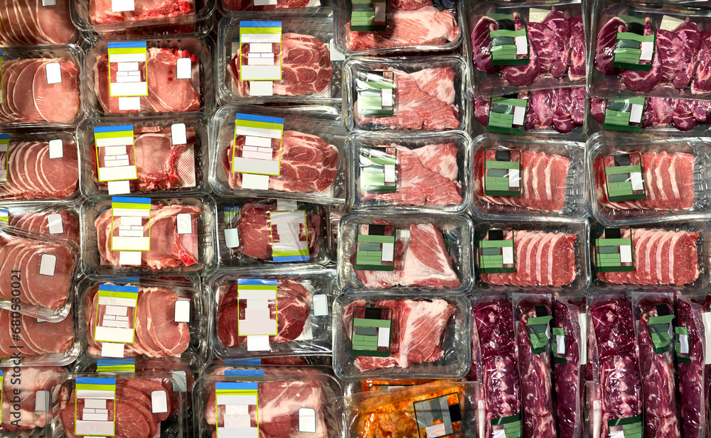 Meat at supermarket Steaks, Pork chops, ribeye at supermarket ...
