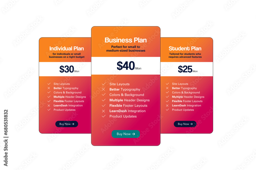 Gradient Colorful Modern Pricing Table Template. Modern pricing table ...