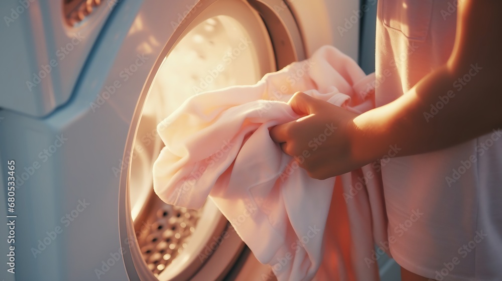 Generative AI : Hands of young woman putting clothe into washing ...
