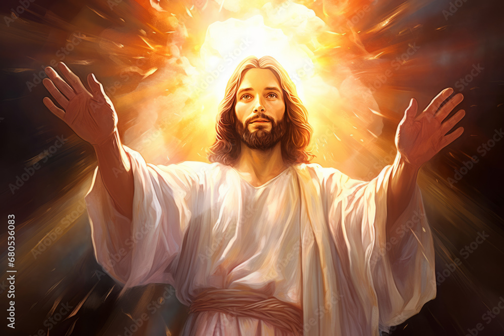 Jesus raises two hands to bless, using vivid light and shadow, art ...