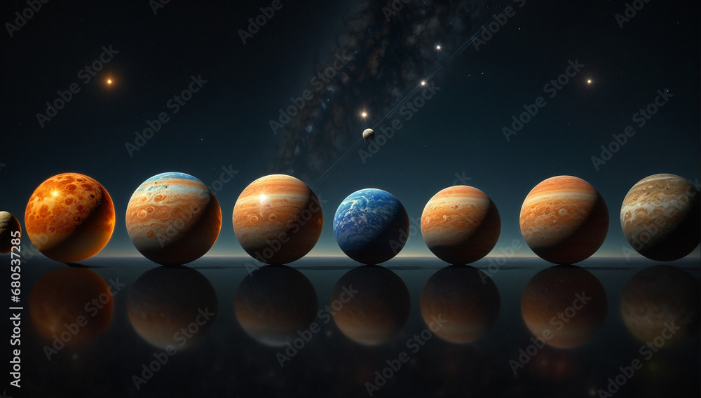 A celestial ballet of a perfectly aligned solar system, where planets ...