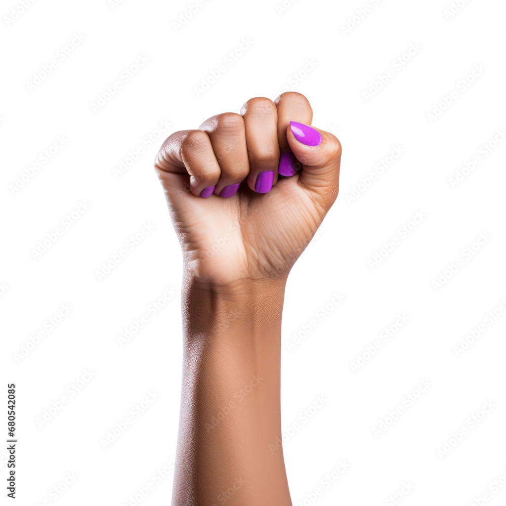 Women day, female raised fist isolated on white transparent background ...