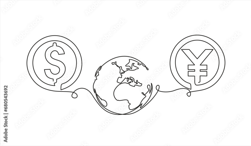 Continuous one line drawing of globe with dollar sign and Chinese yuan ...