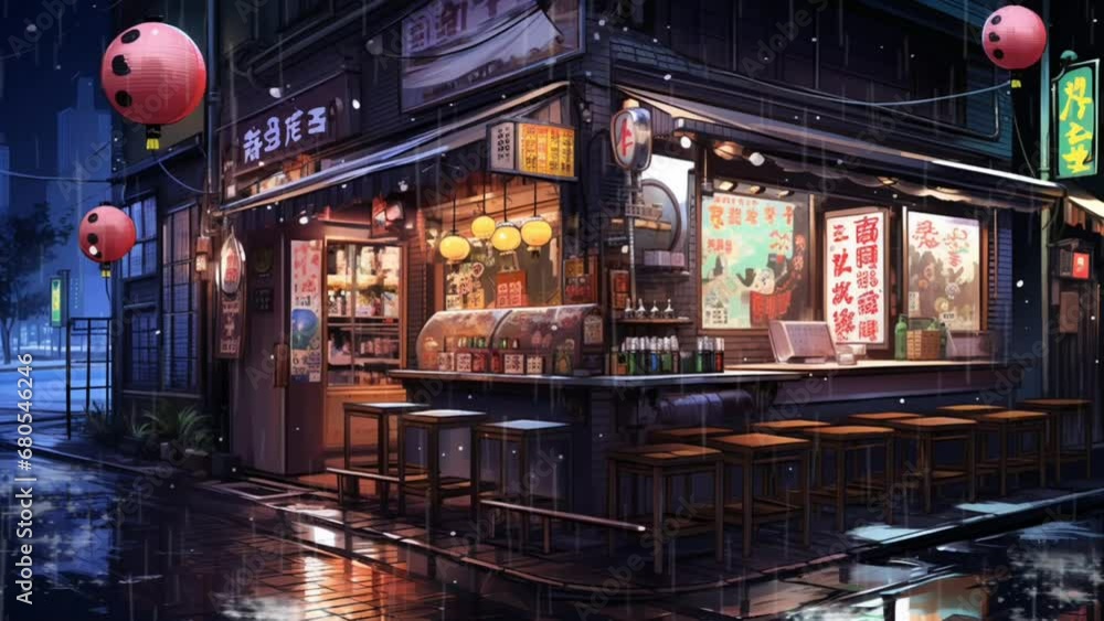 Lofi anime rainy restaurant. Night ramen restaurant animation. japanese ...
