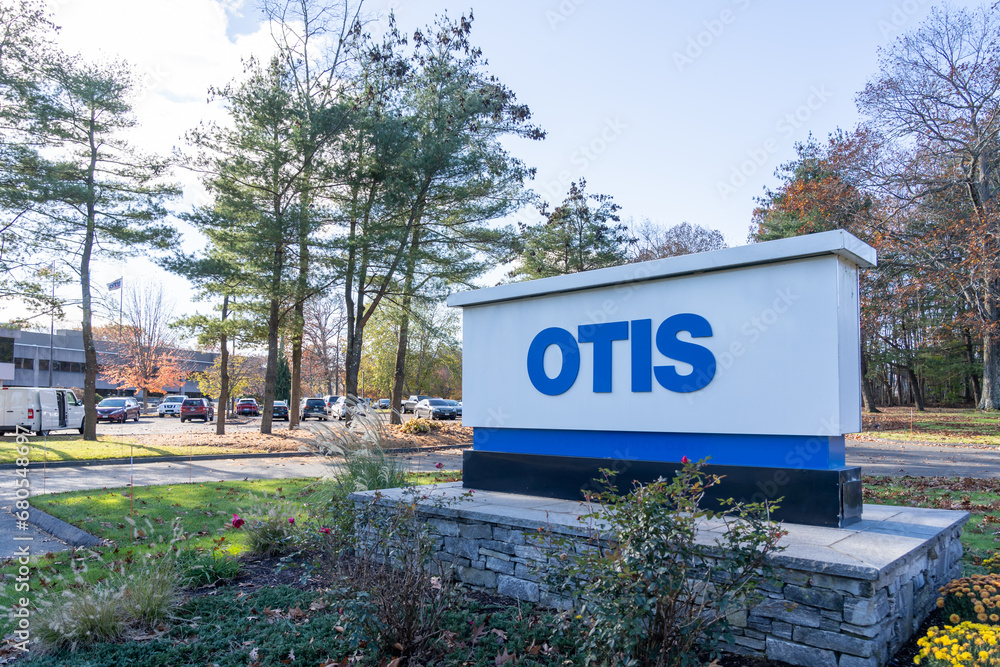 Otis company sign is shown in Farmington, CT, USA, on November 8, 2023 ...