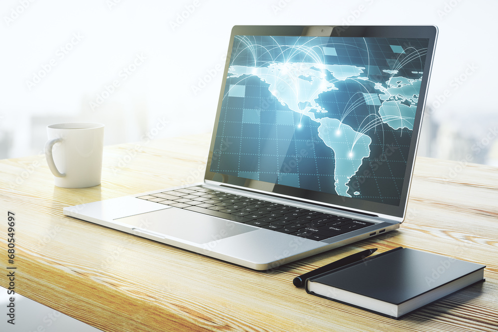 Abstract digital world map with connections on modern computer monitor ...