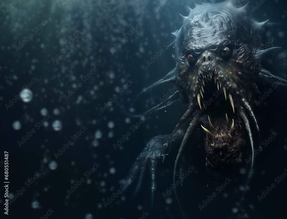 Deep sea monster - underwater - Ocean depths mystery - Copy Space - open mouth with sharp fangs ...