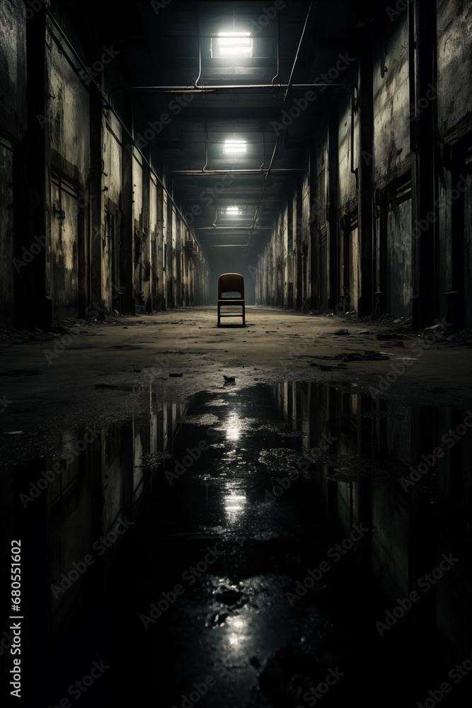 Creepy hostage facility with a empty chair in the center - apocalyptic ...