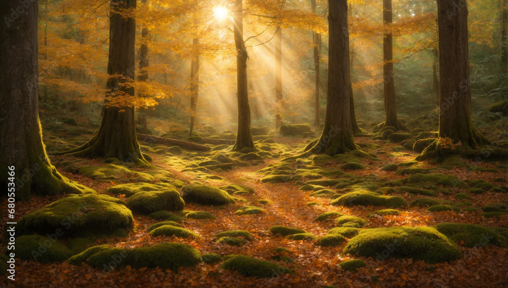 Toweringly majestic, pine trees stretch their limbs skyward, as a ...