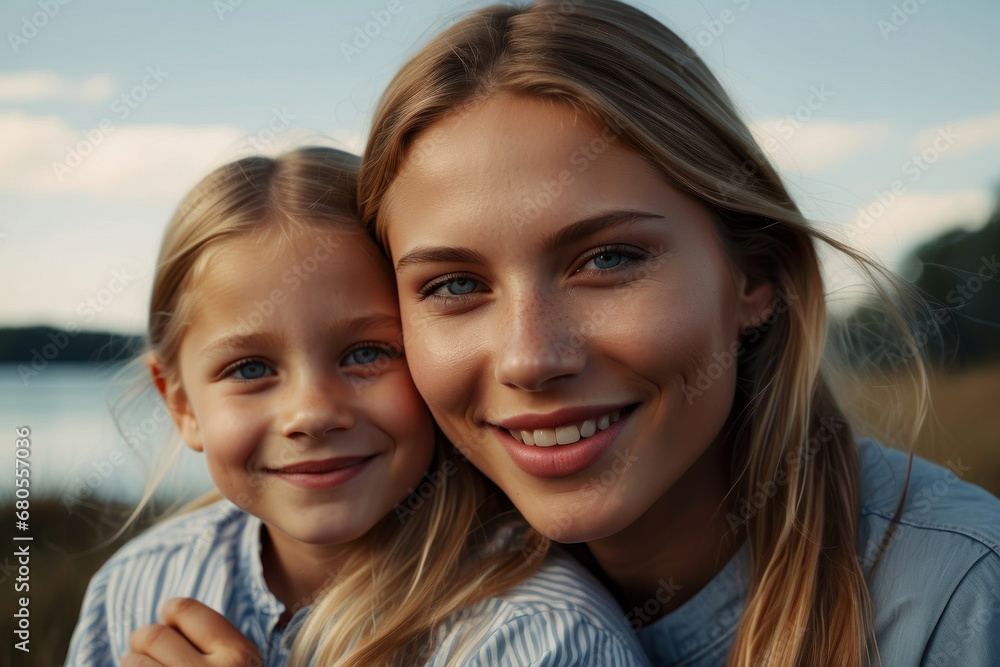 Portrait of a happy mother and girl. A touching scene that conveys pure ...