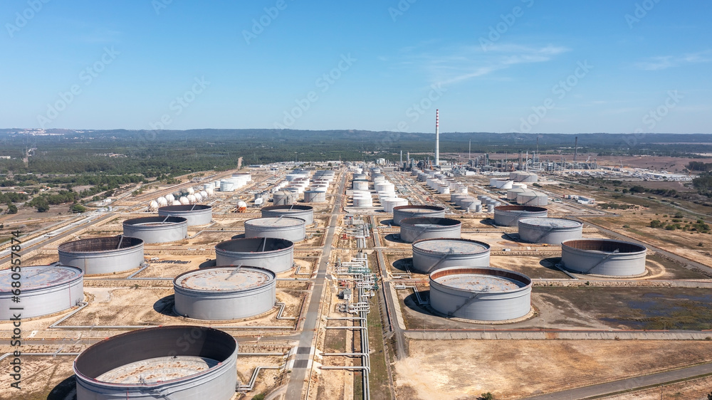 Portugal Sines oil terminal storage tanks, aerial view, oil and gas ...