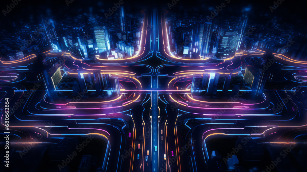 Futuristic urban interchange with layered roadways glowing in neon ...