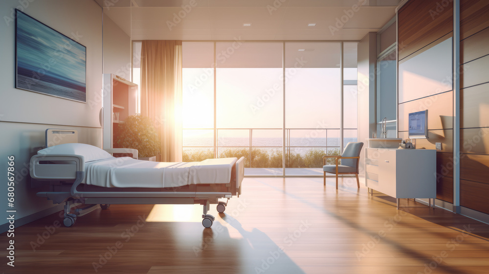 Hospital room at golden hour with sleek design and seaside view ...