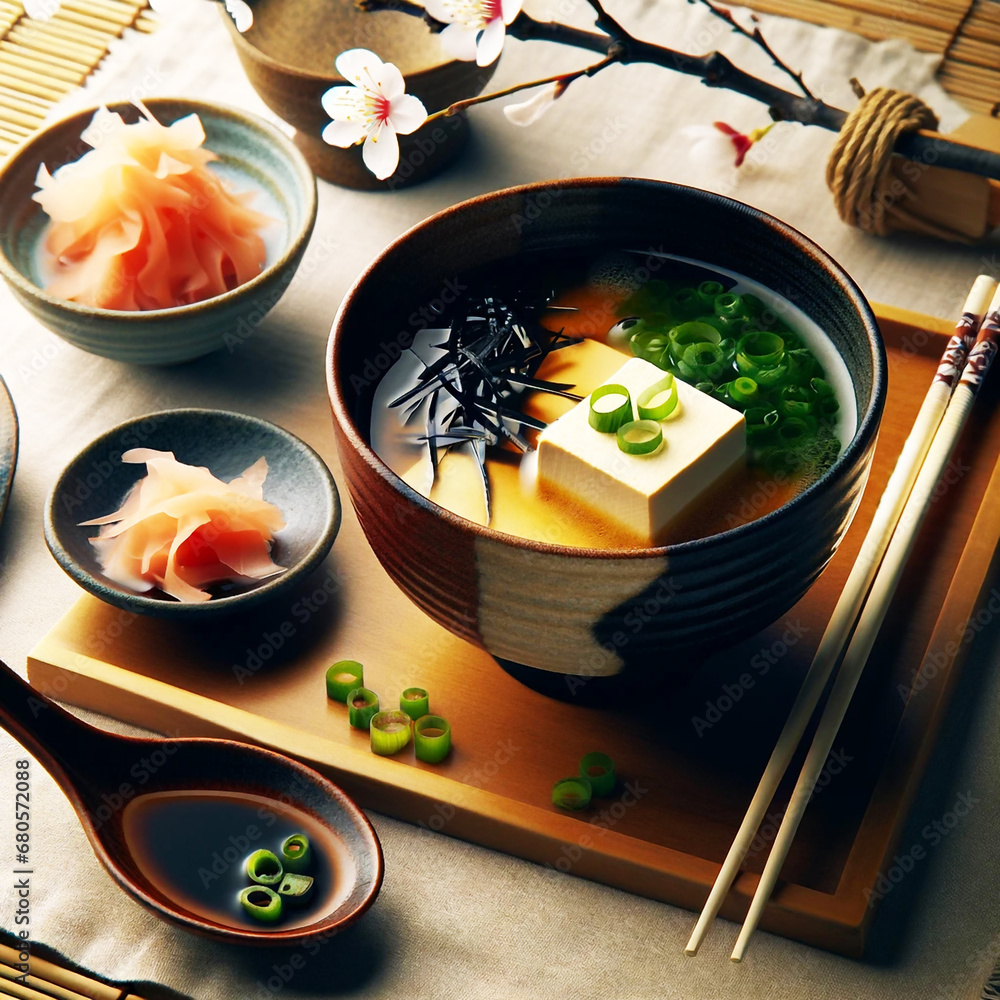 Japanese Miso Soup with Tofu and Seaweed. Illustration for banner, food ...