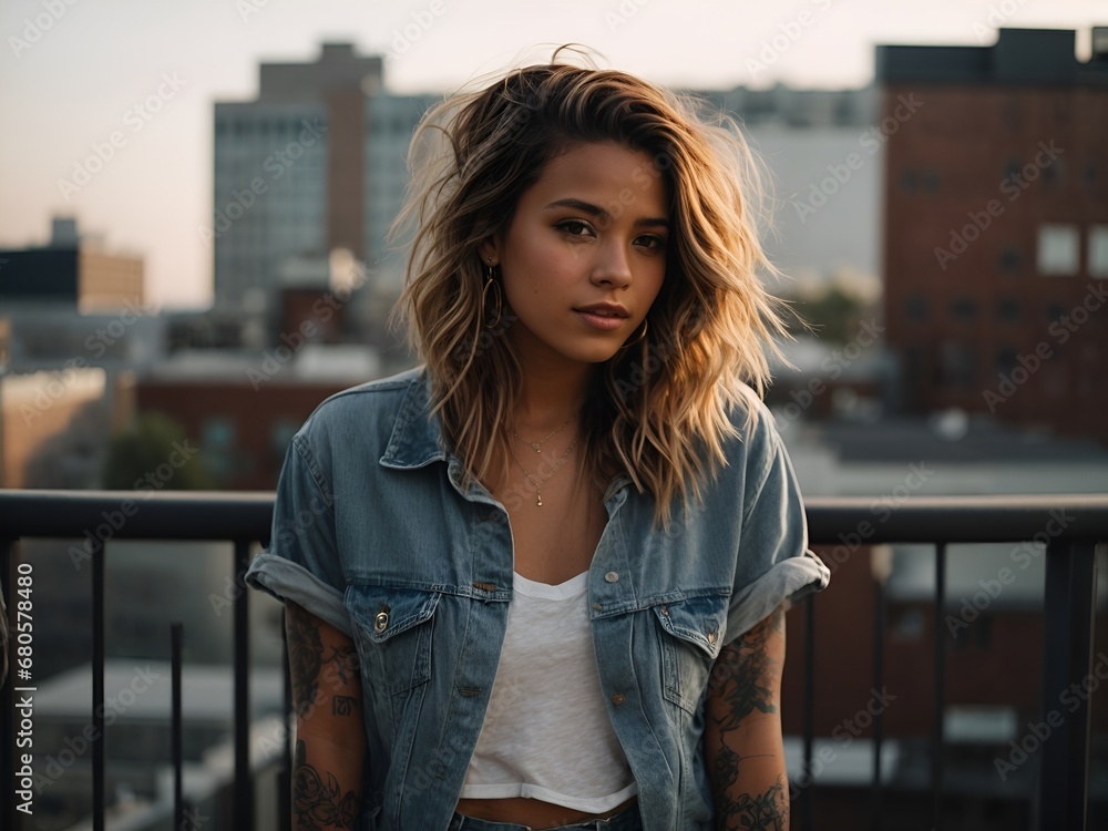 Realistic photograph featuring a young female millennial on a rooftop ...