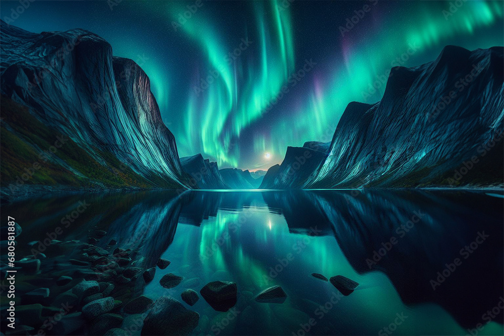 A Norwegian fjord etched with towering cliffs, its still waters a ...