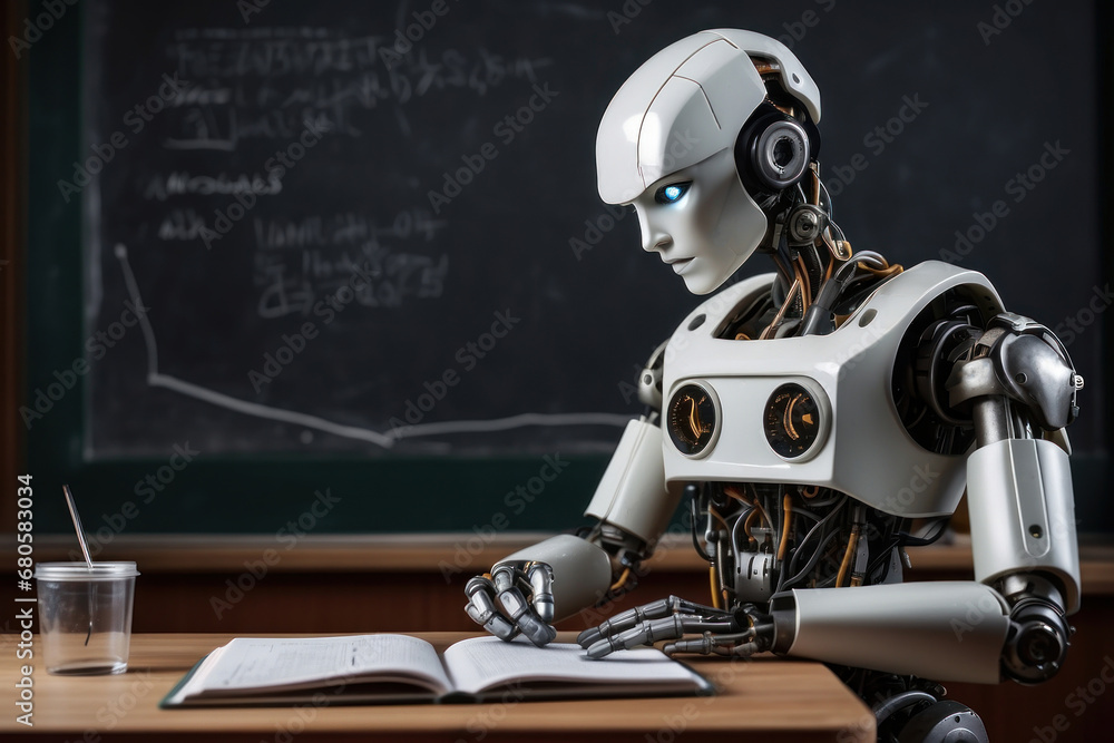 robot student, on the background of a blackboard. the robot is studying ...